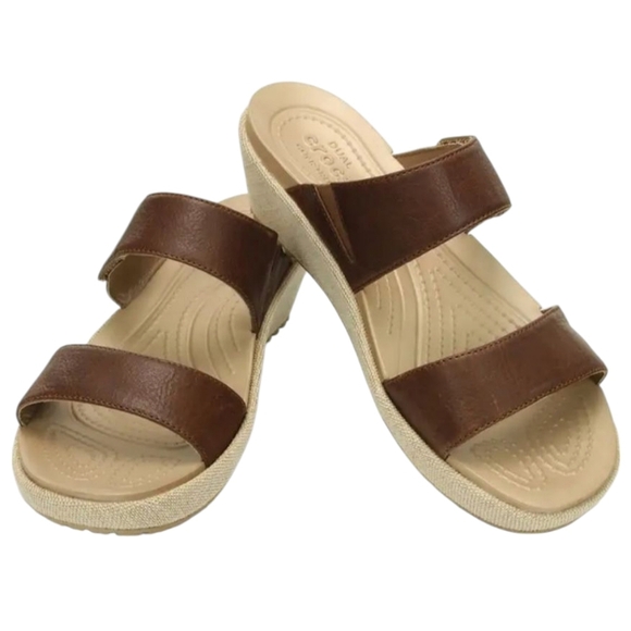 CROCS | Shoes | Crocs Brown Leather Wedge Sandals | Poshmark